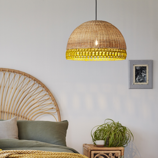 Sarah Rattan Pendant Lamp Shade with Yellow Decorative Rattan Skirt ...