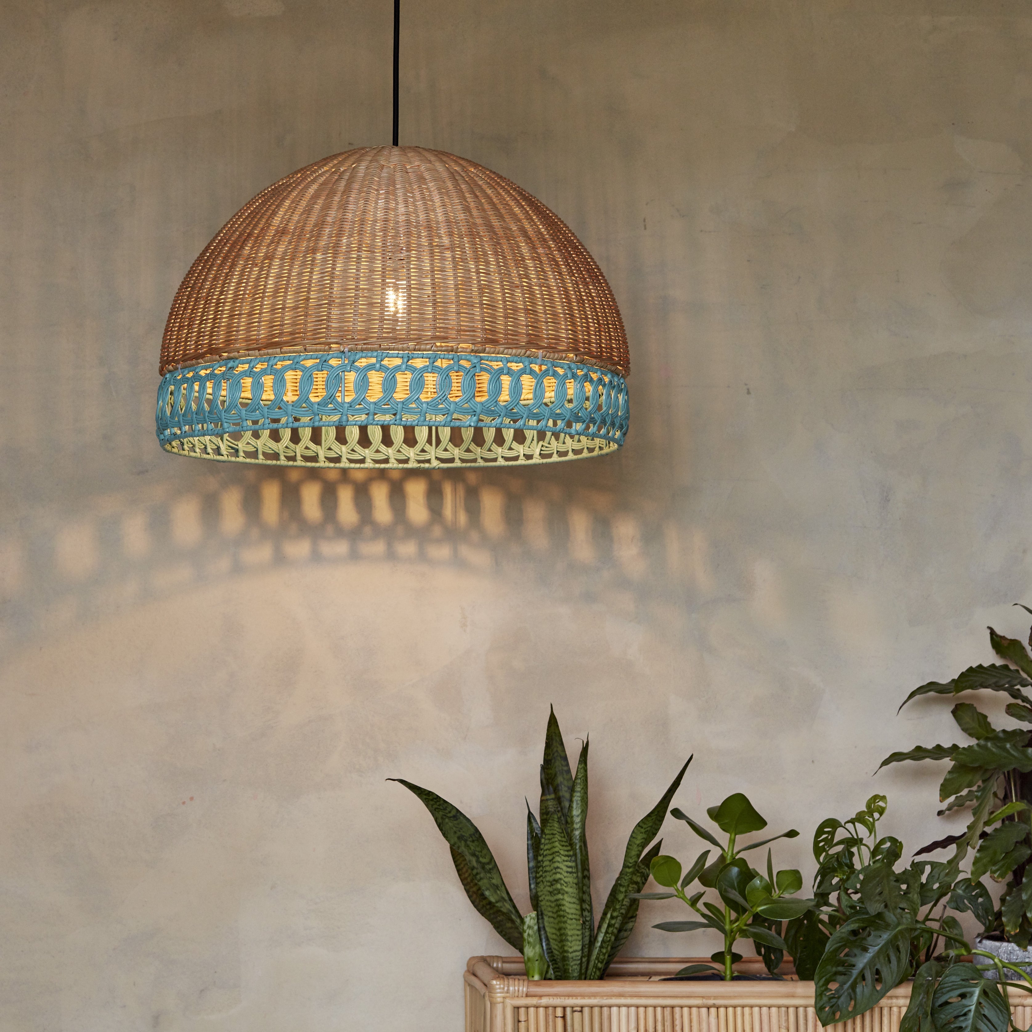 Sarah Rattan Pendant Lamp Shade with Blue Decorative Rattan Skirt – The ...